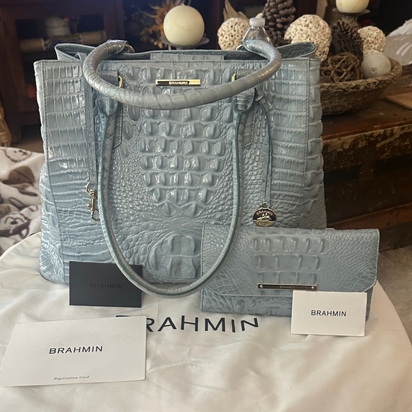Brahmin | Bags | Brahmin Light Blue Crocodile Embossed Tote And Wallet ...